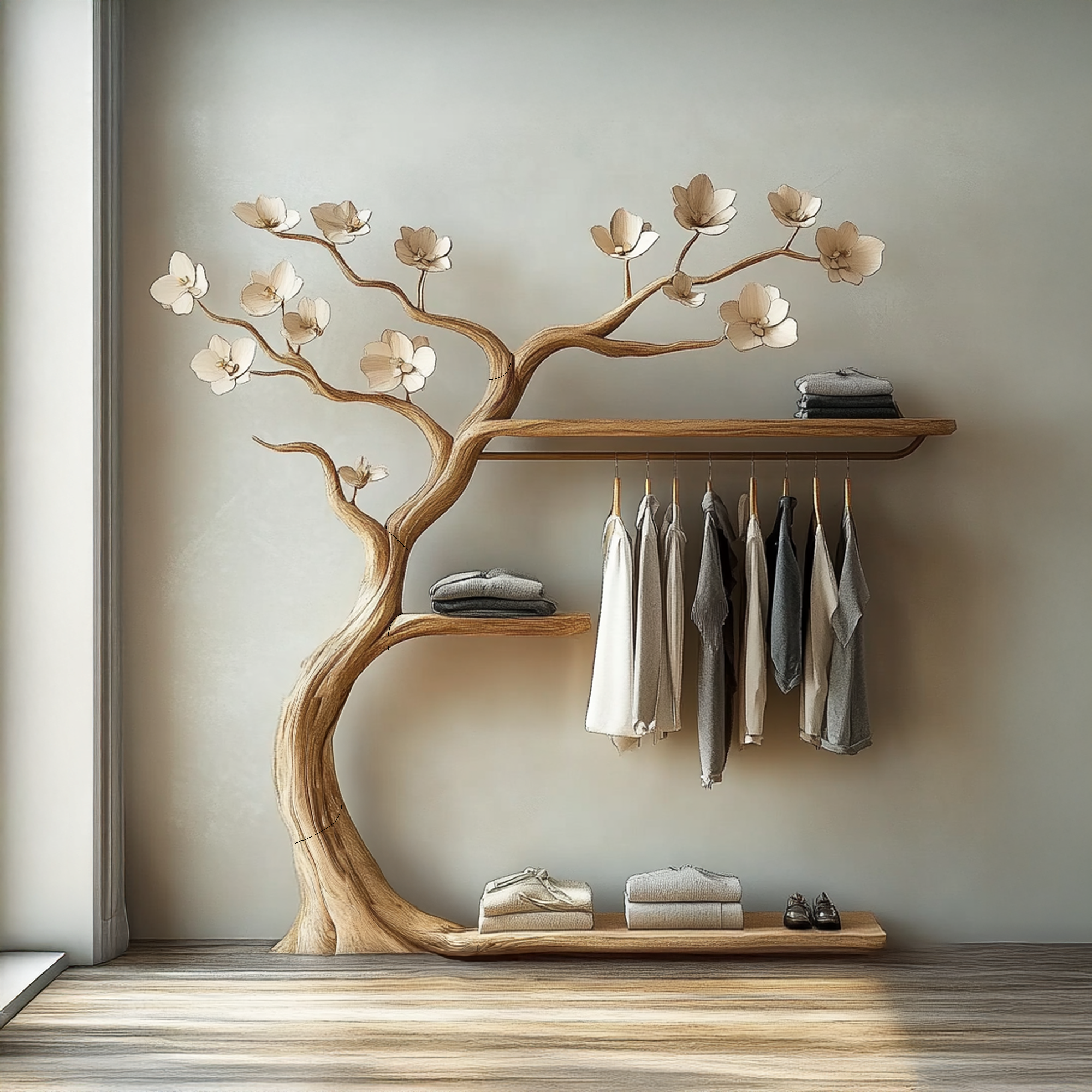 Rustic Tree Branch Rack Wall Mounted Floating Shelf Tree Hanger Clothe