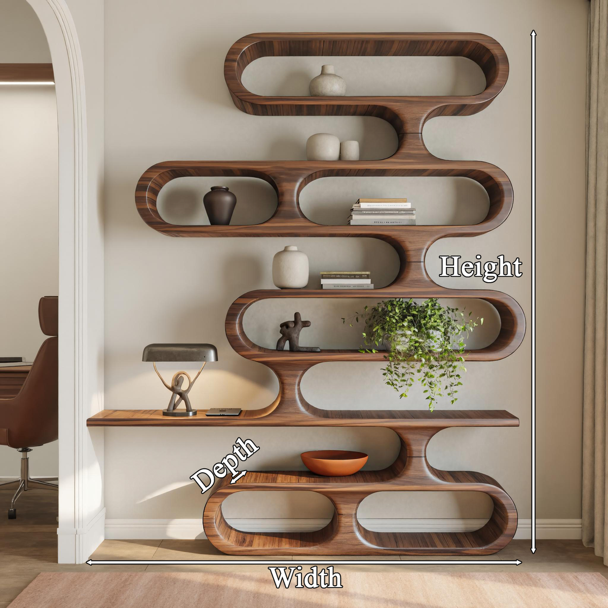 Organic Sculptural Wood Bookshelf With Curved Form For Living Room Or