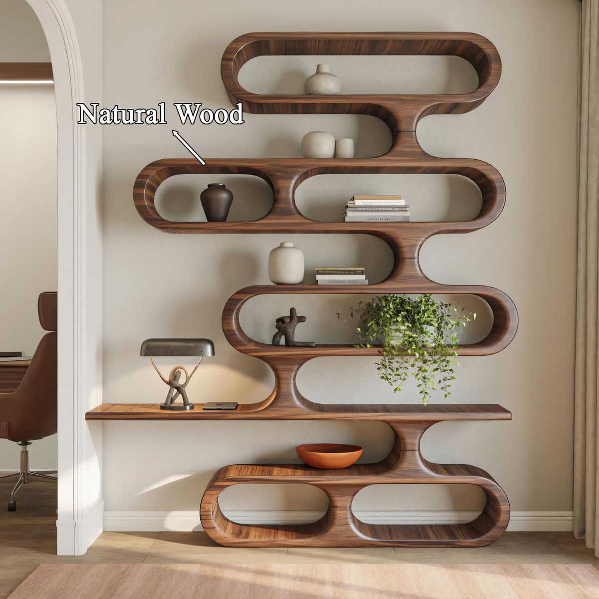 Organic Sculptural Wood Bookshelf With Curved Form For Living Room Or