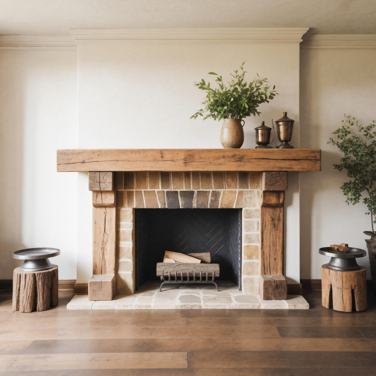 Rustic Wooden Fireplace Mantel With Solid Beam Design For Living Room
