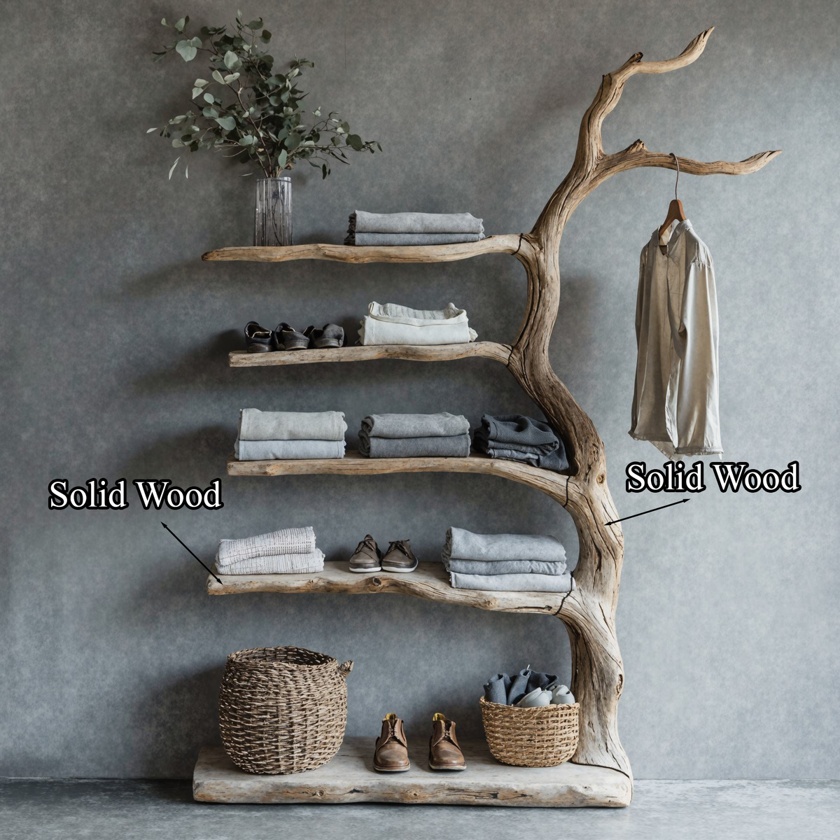 Driftwood Tree Branch Coat Rack With Shelf Shoe Storage SINLTB087