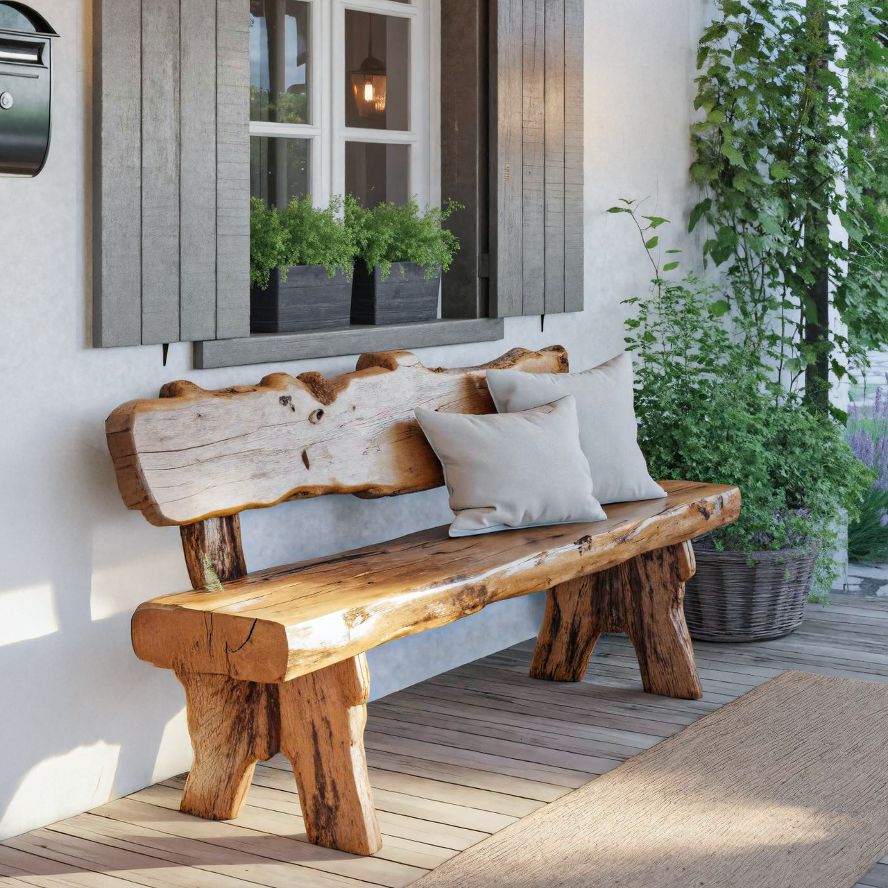Rustic Live Edge Outdoor Wooden Bench With Backrest For Porch Or Garde