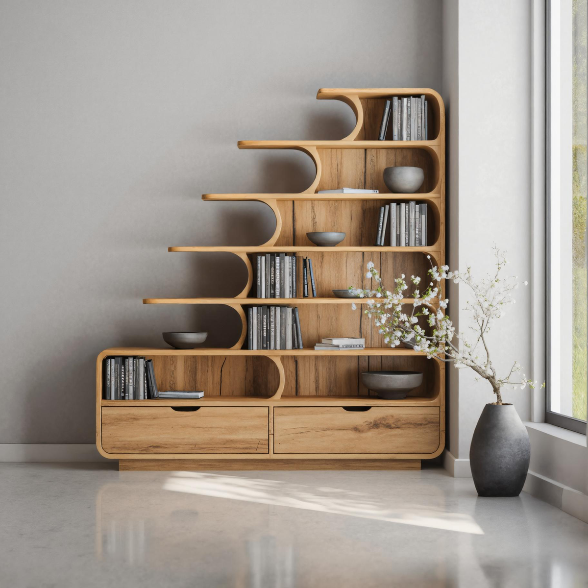 Modern Curved Bookshelf With Tiered Design And Drawers For Living Room