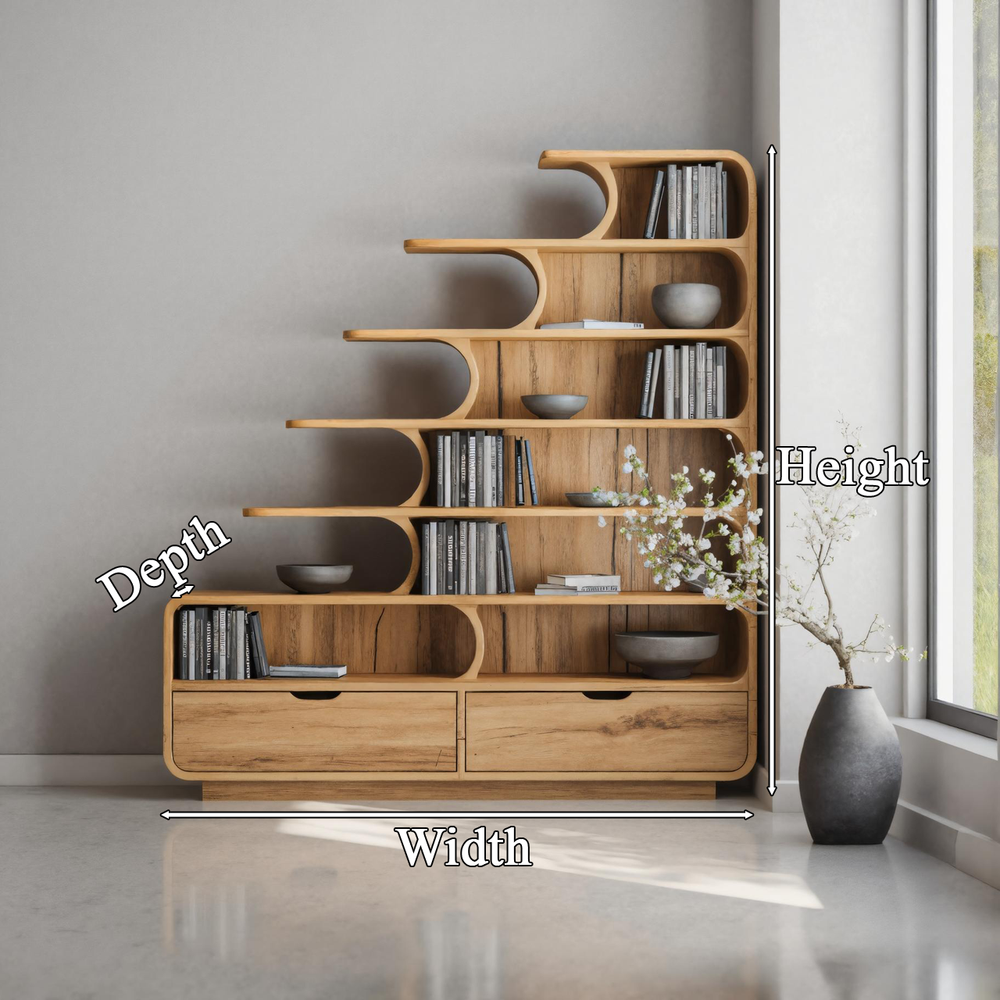 Modern Curved Bookshelf With Tiered Design And Drawers For Living Room