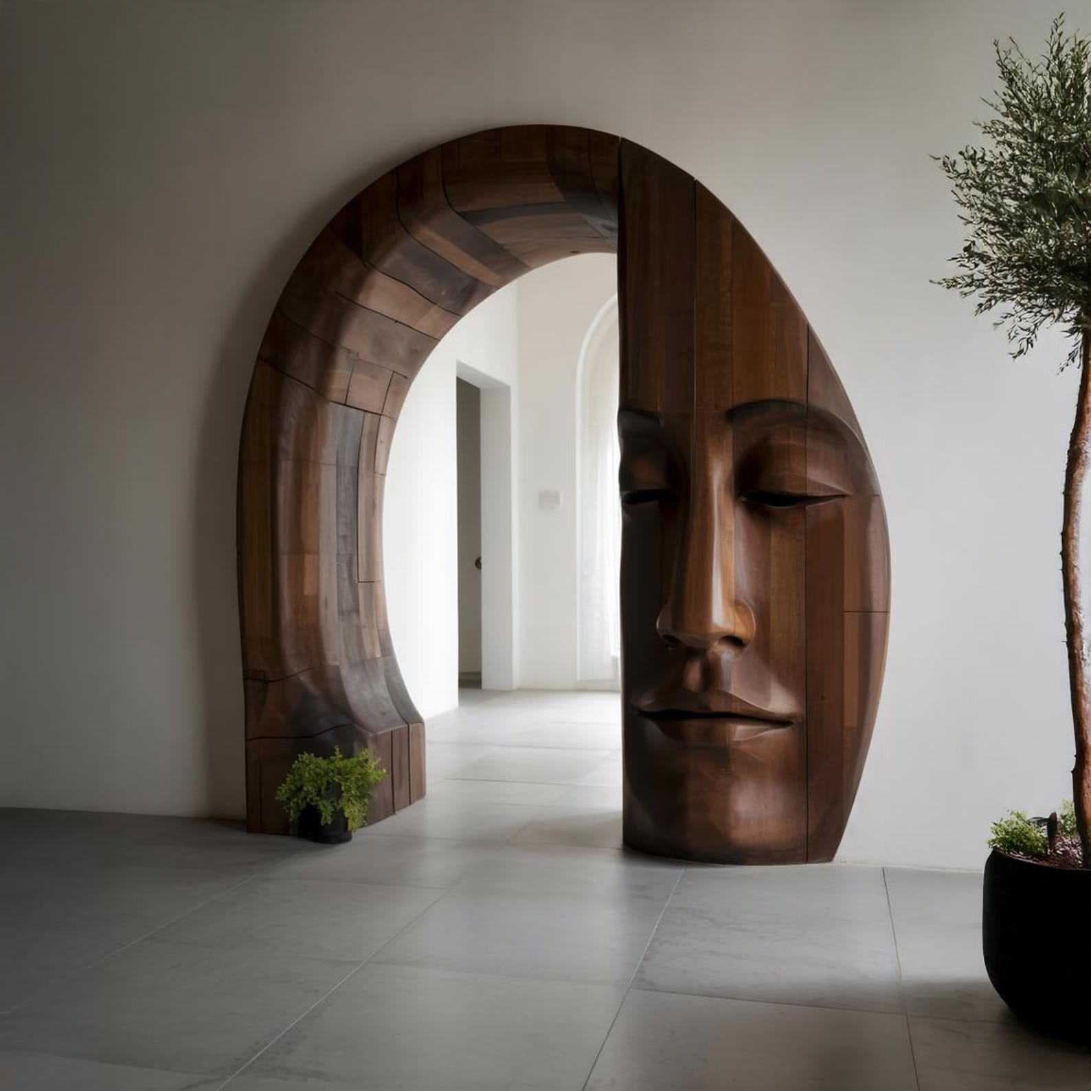 Rustic Zen Face Archway Sculpture As Entry Accent And Rustic Modern Wo