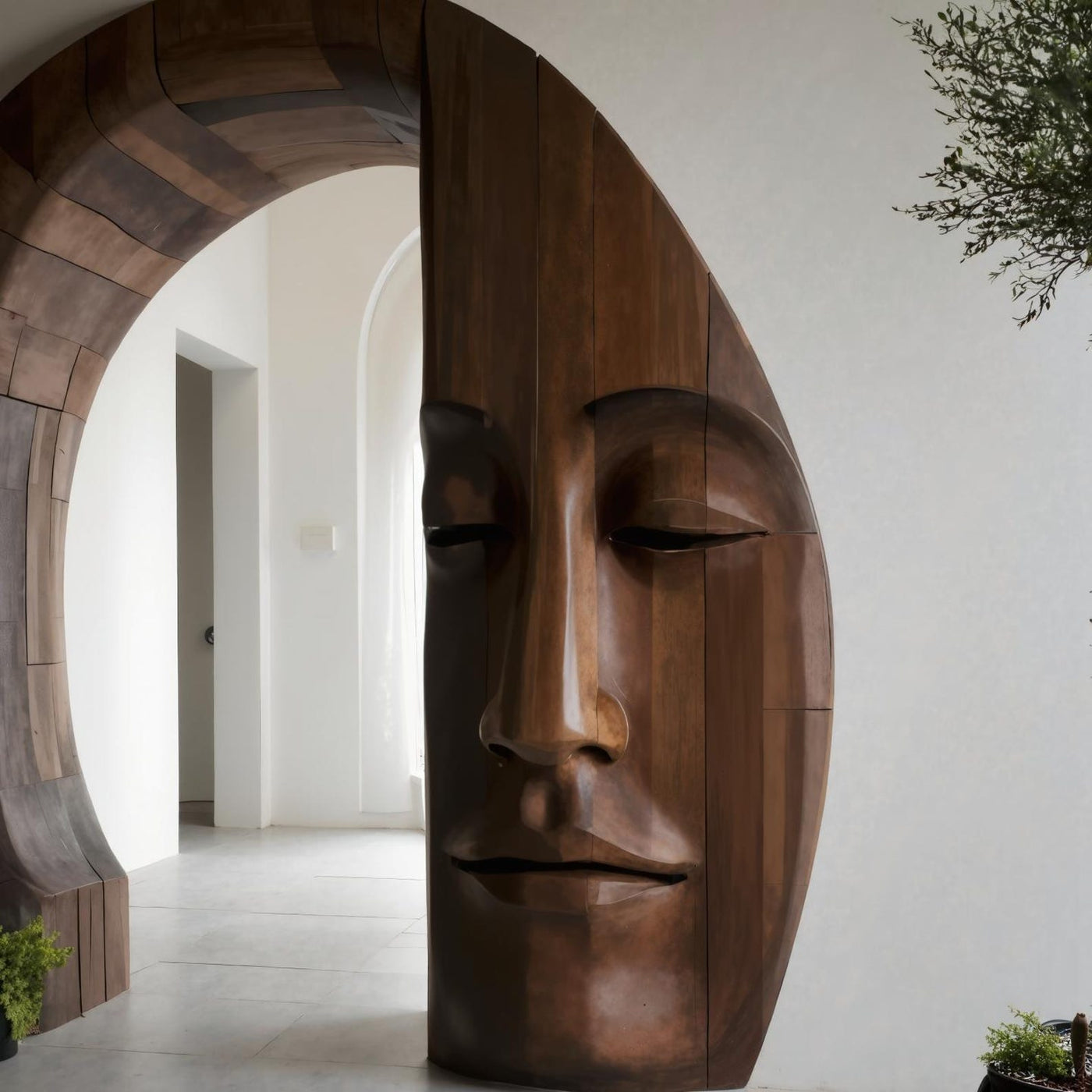 Rustic Zen Face Archway Sculpture As Entry Accent And Rustic Modern Wo