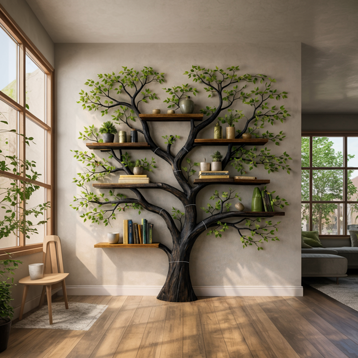 Handcrafted Tree Storage Bookcase Living Room Interior Living Wall Fea
